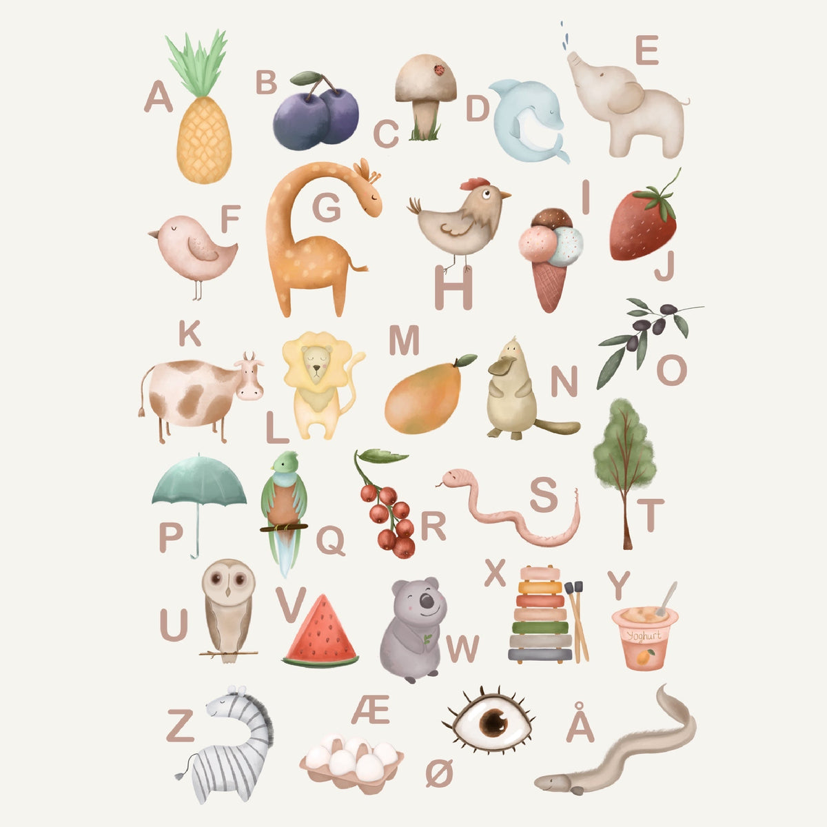 ABC Plakat - Dyr & Frugter - Dansk Alfabet – Lille Plakat